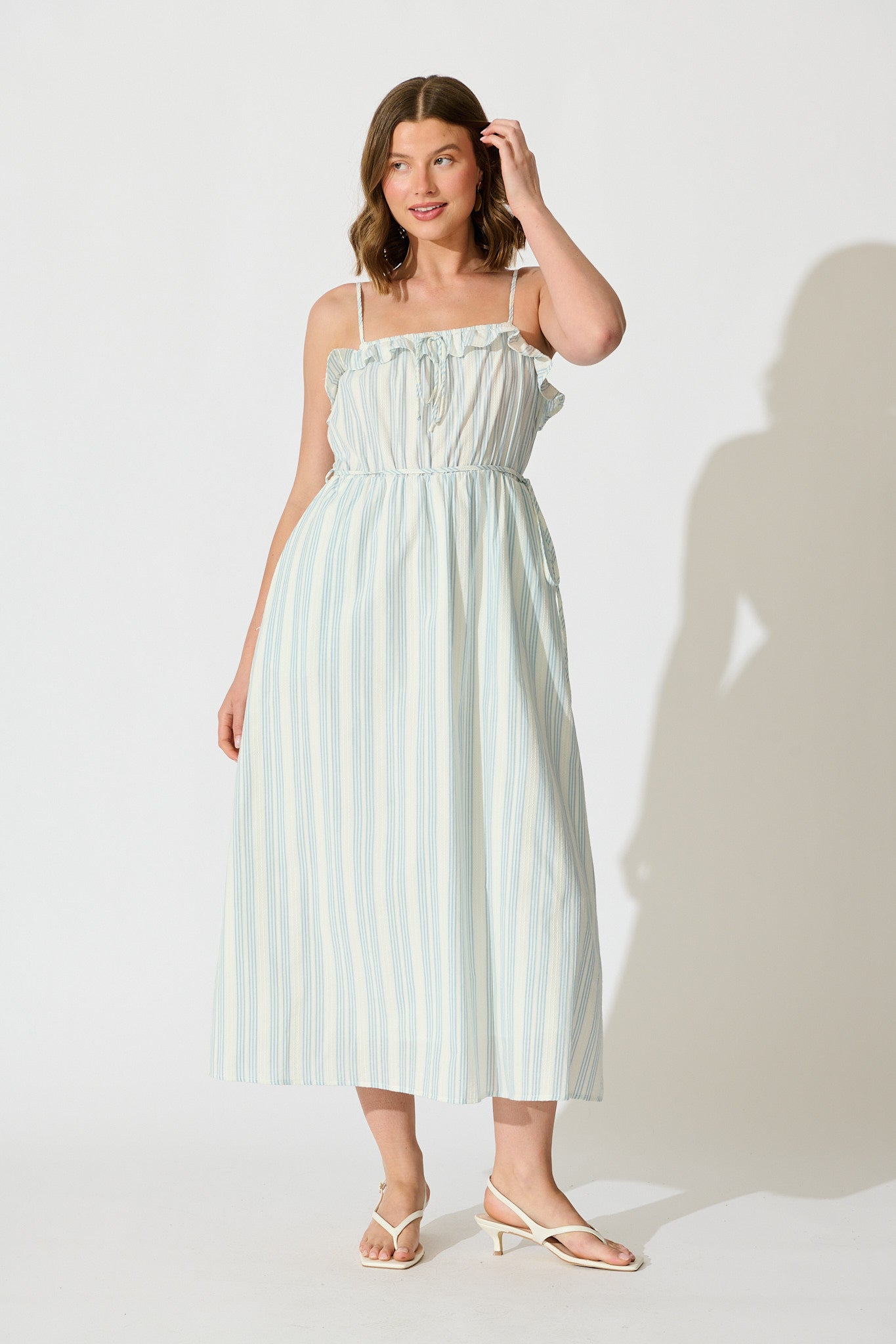 Nya Midi Sundress in White with Light Blue Stripe Cotton Blend | St Frock
