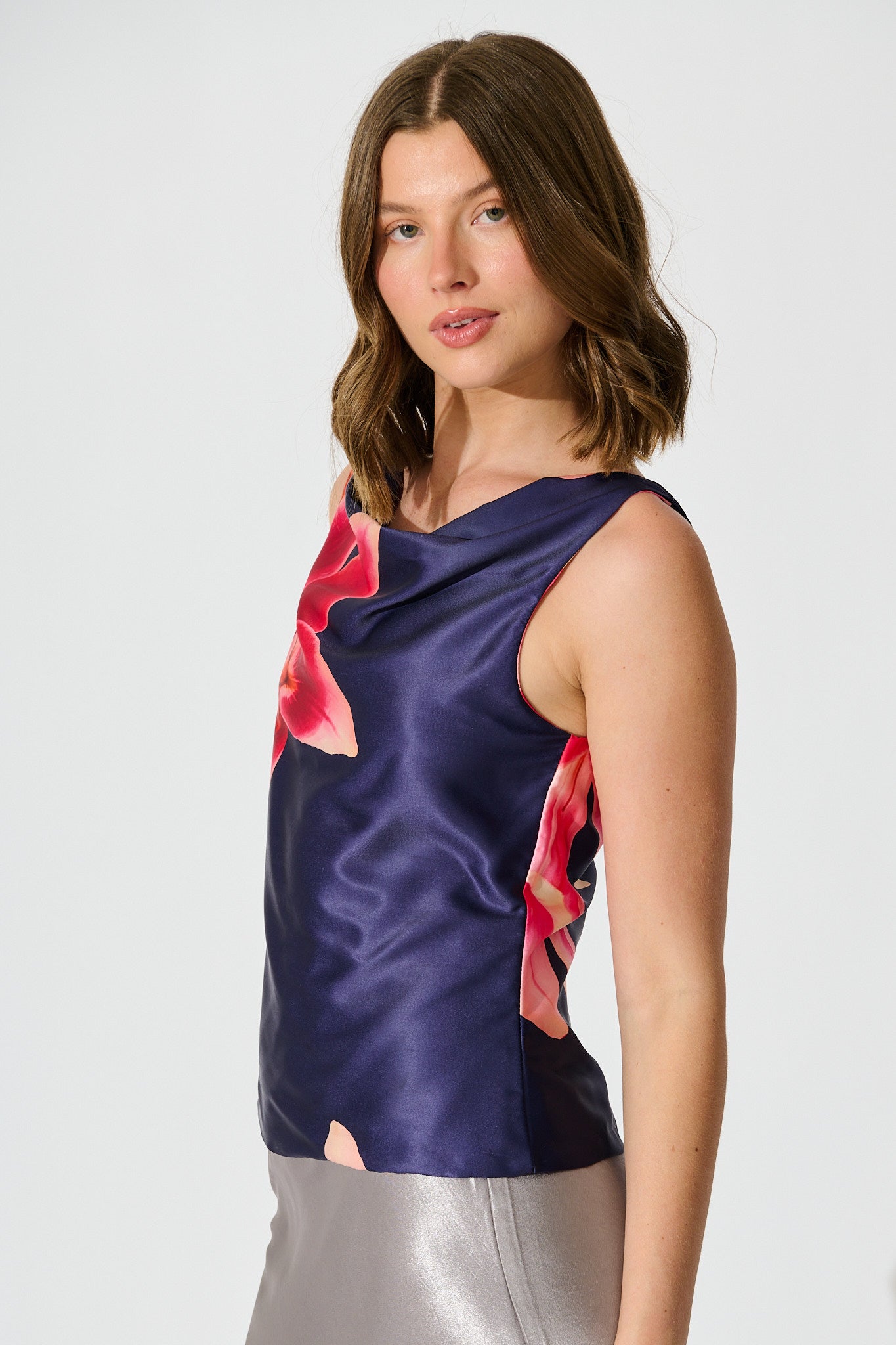 Tropic Skies Top – Navy Floral Satin | St Frock