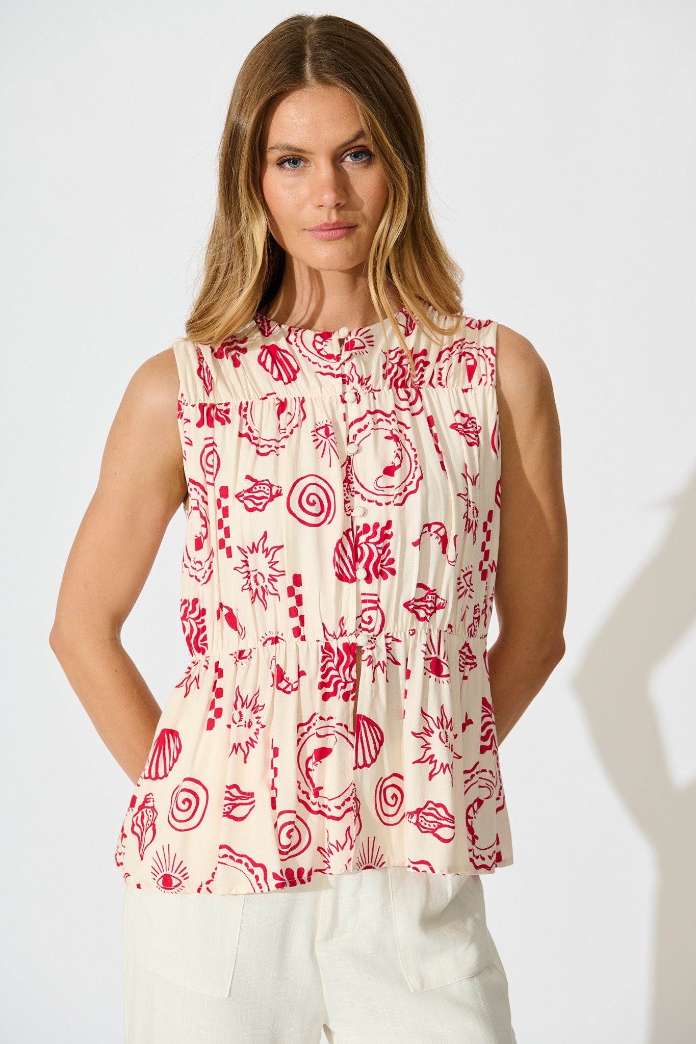 Lorieanne Top in Cream with Red Print | St Frock