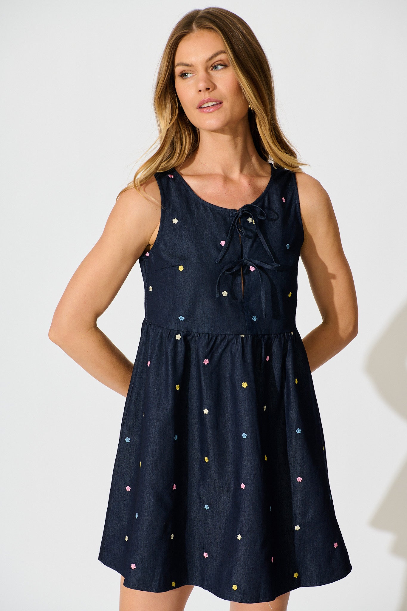 Emika Tie Front Dress in Dark Navy Multi Floral Embroidery Cotton Blend ...