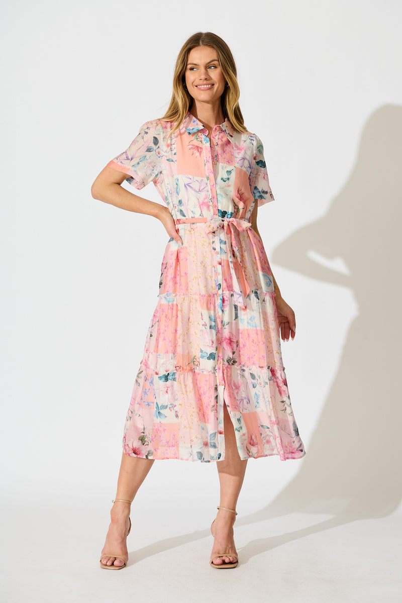 Morgana Midi Shirt Dress in Pink Patchwork Floral | St Frock