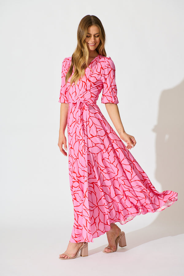 Ronda Maxi Wrap Dress in Pink Geometric Print | St Frock – St Frock
