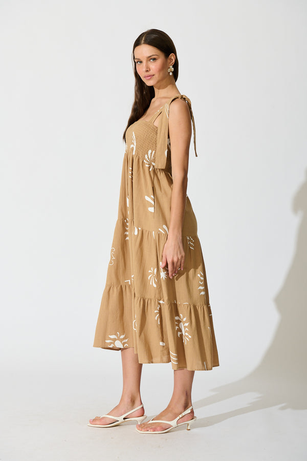 Alexea Midi Sundress in Camel with White Print Cotton | St Frock – St Frock