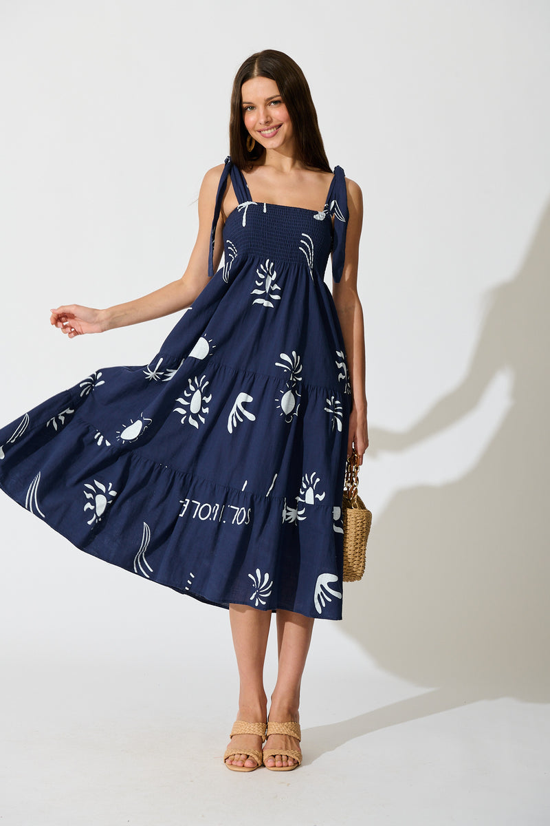 Alexea Midi Sundress in Navy with White Print Cotton | St Frock – St Frock
