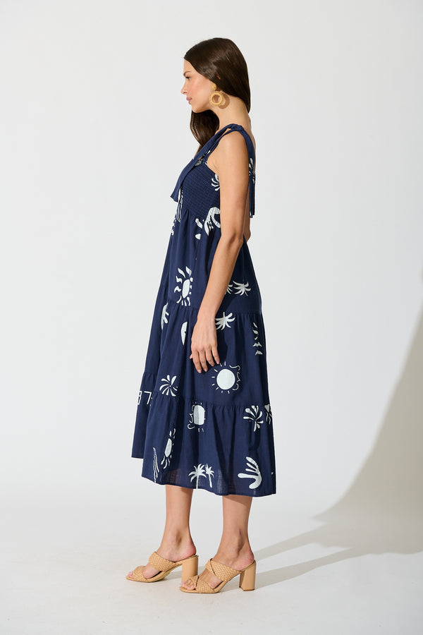Alexea Midi Sundress in Navy with White Print Cotton | St Frock – St Frock