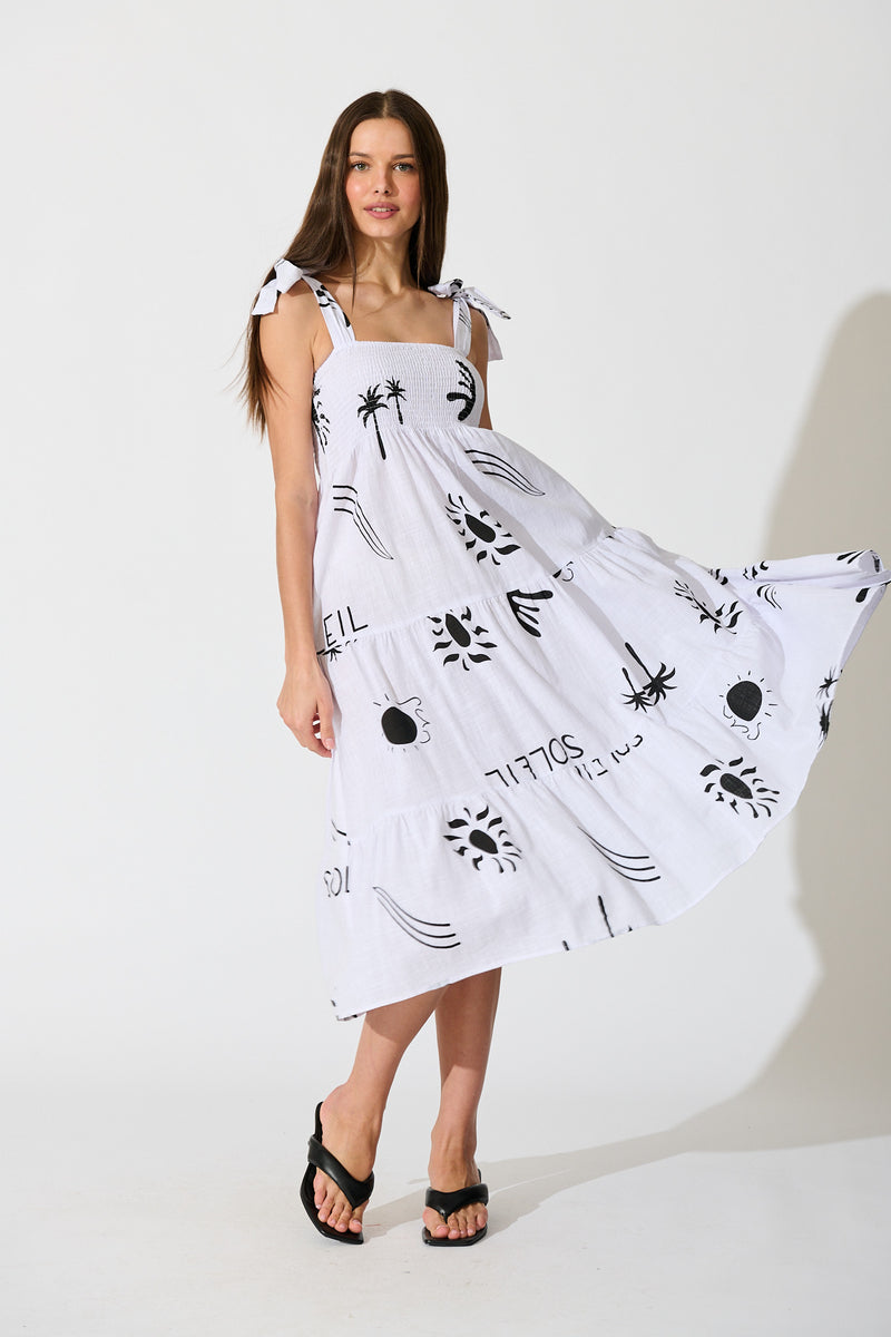 Alexea Midi Sundress in White with Black Print Cotton | St Frock – St Frock