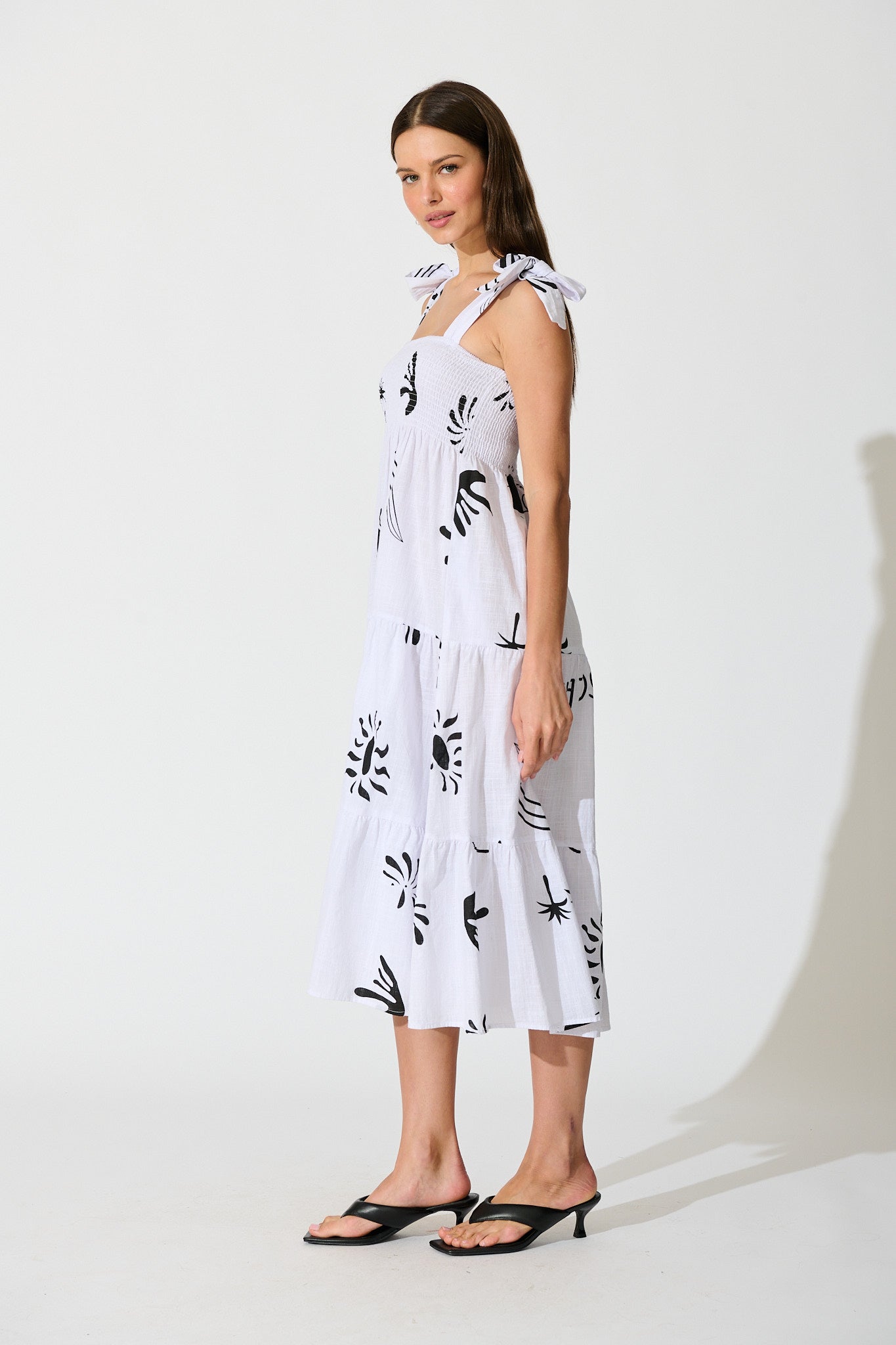 Alexea Midi Sundress in White with Black Print Cotton | St Frock – St Frock