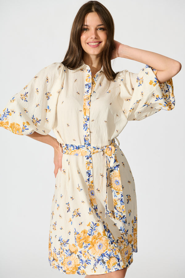 Robilyn Shirt Dress in Cream with Blue and Yellow Linen Blend | St ...
