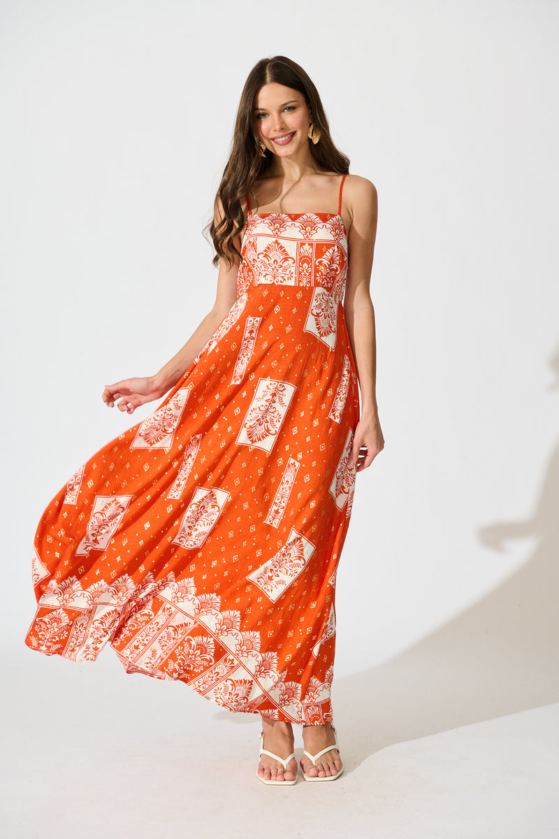 Fayda Maxi Sundress in Orange with White Tile Linen Blend | St Frock ...