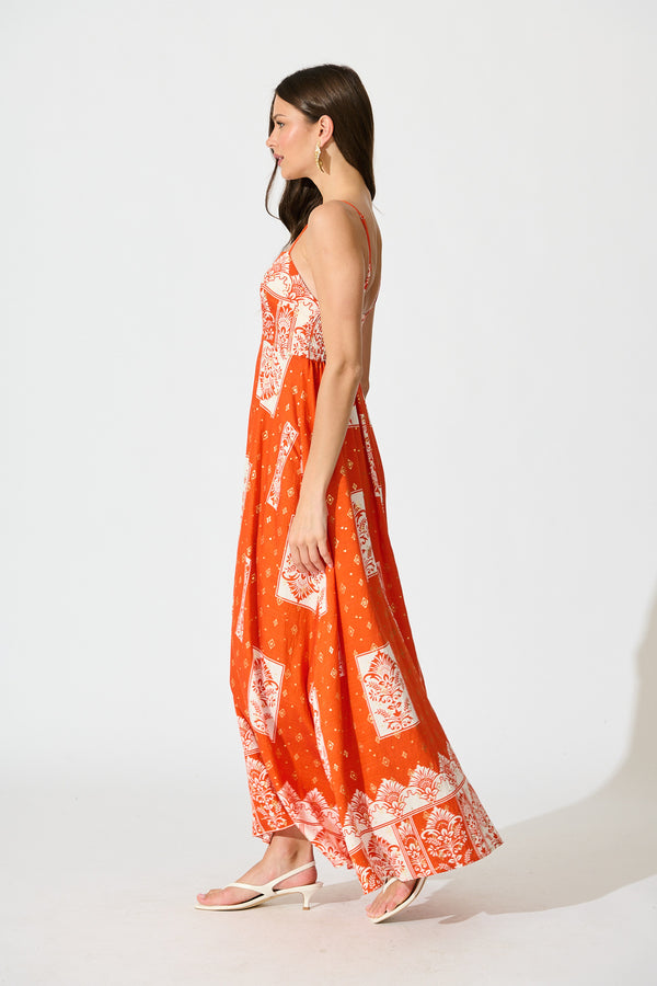 Fayda Maxi Sundress in Orange with White Tile Linen Blend | St Frock ...
