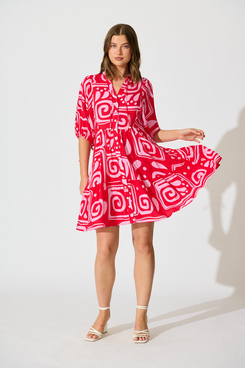Falicia Smock Dress in Red Geometric Print | St Frock