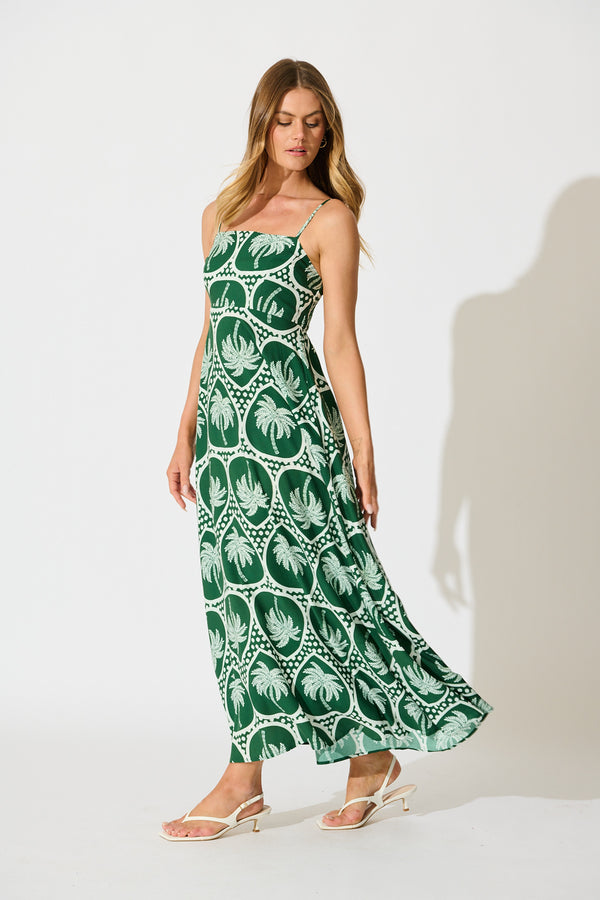 Fayda Maxi Sundress in Green Palm Tree Tiles Print | St Frock