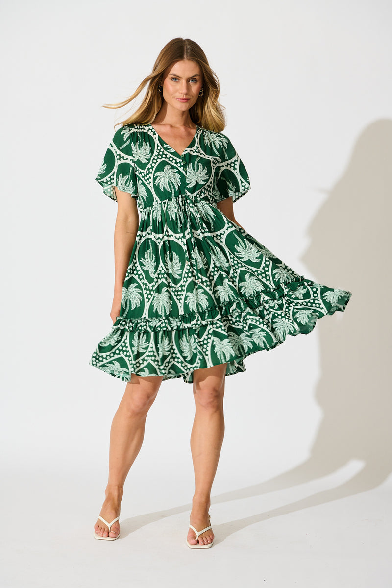Tiley Dress in Green Palm Tile Print | St Frock