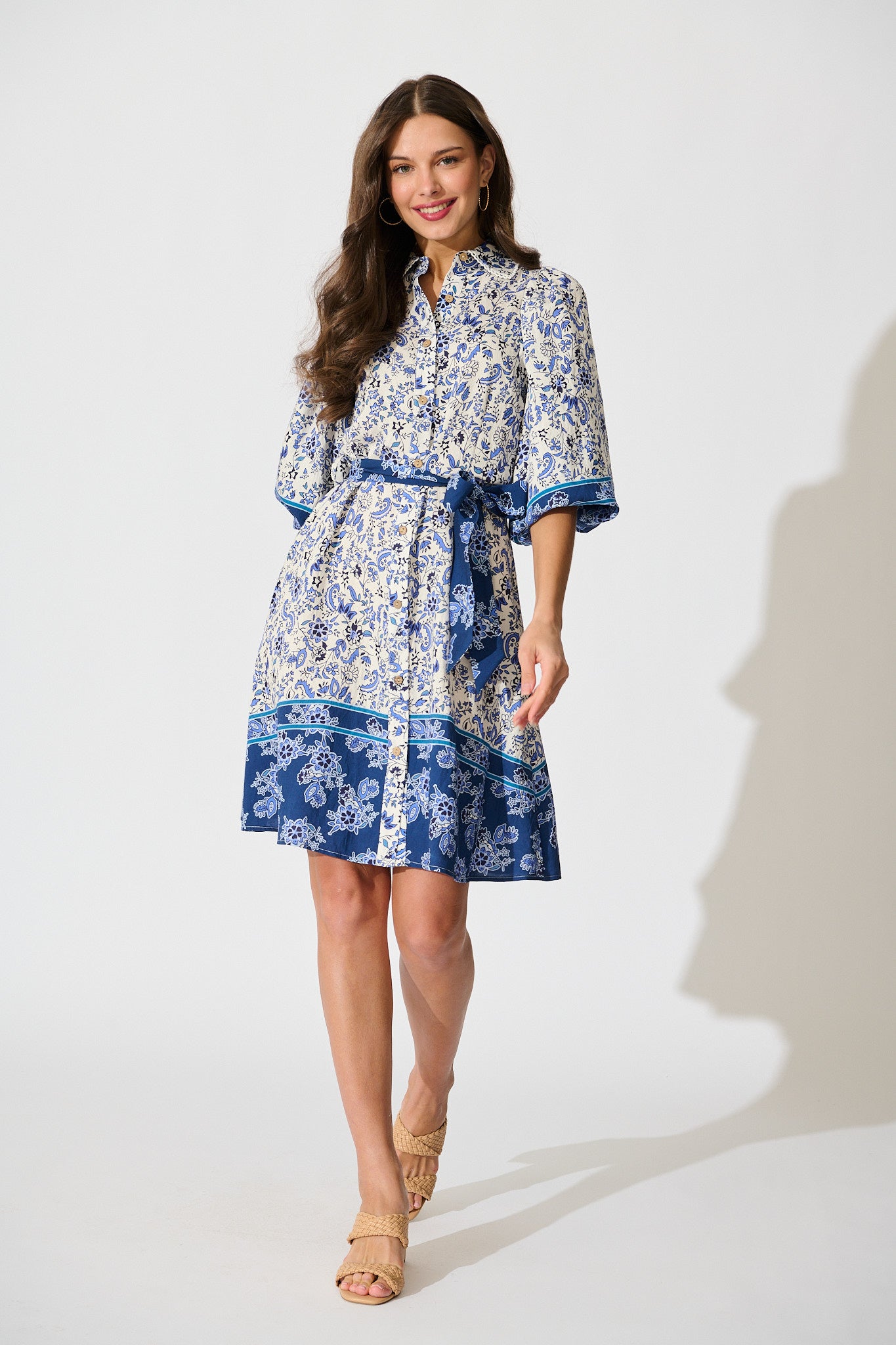 Robilyn Shirt Dress in Cream with Blue Boho Floral | St Frock