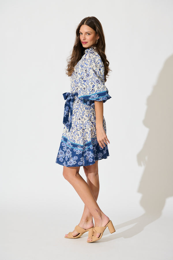 Robilyn Shirt Dress in Cream with Blue Boho Floral | St Frock