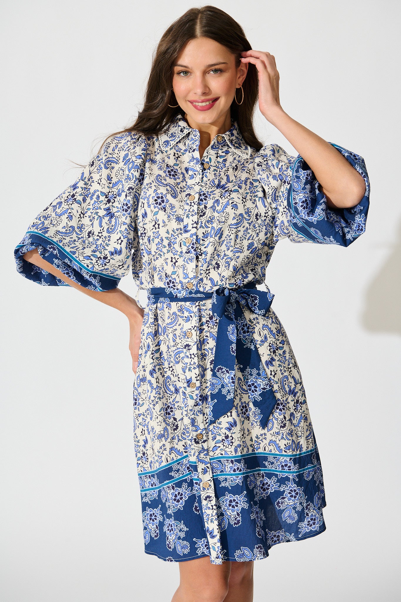 Robilyn Shirt Dress in Cream with Blue Boho Floral | St Frock