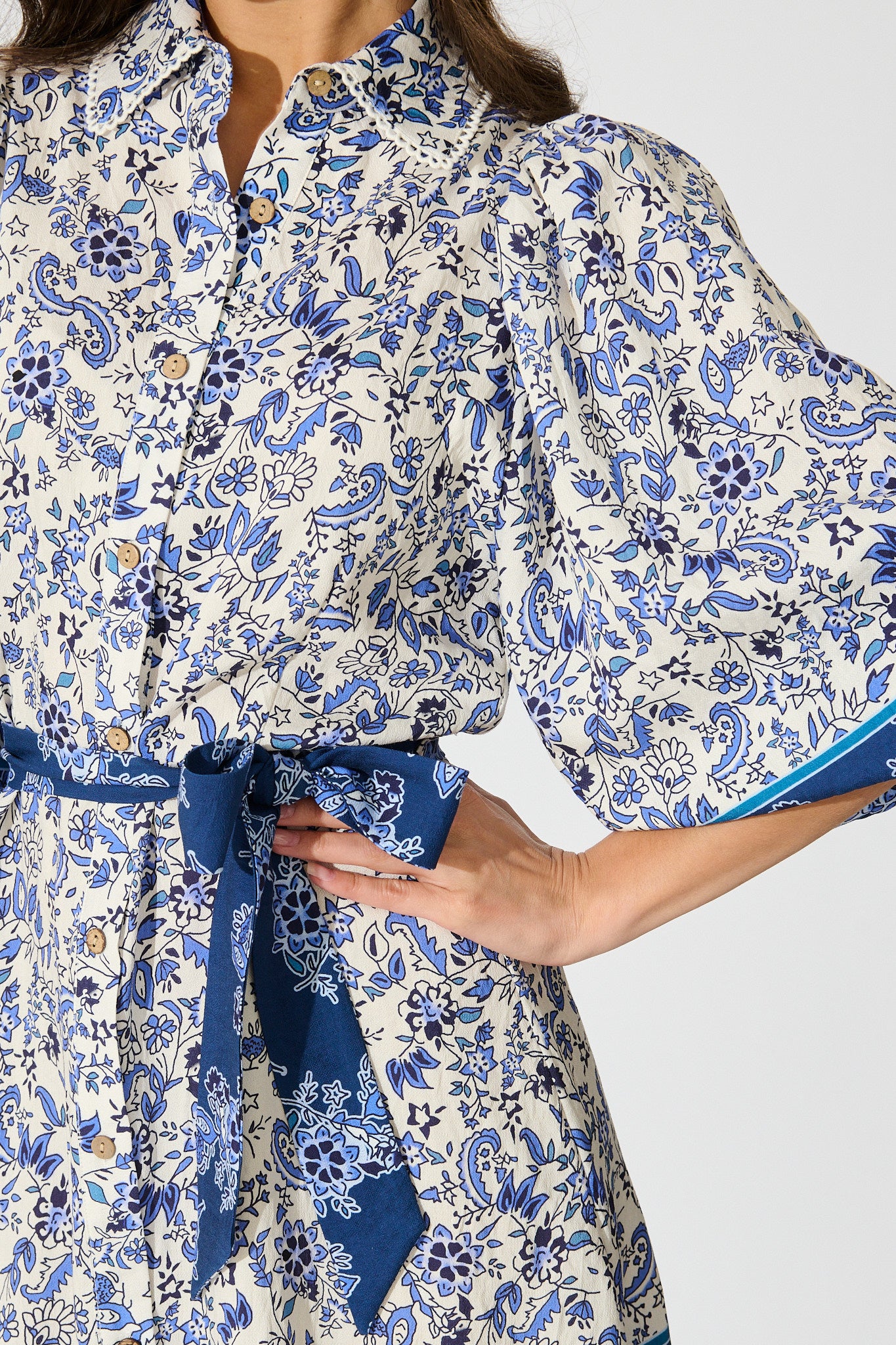 Robilyn Shirt Dress in Cream with Blue Boho Floral | St Frock