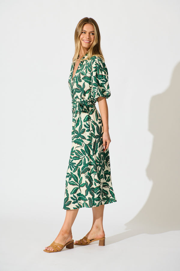 Libra Midi Shirt Dress in Emerald Leaf Linen Blend | St Frock