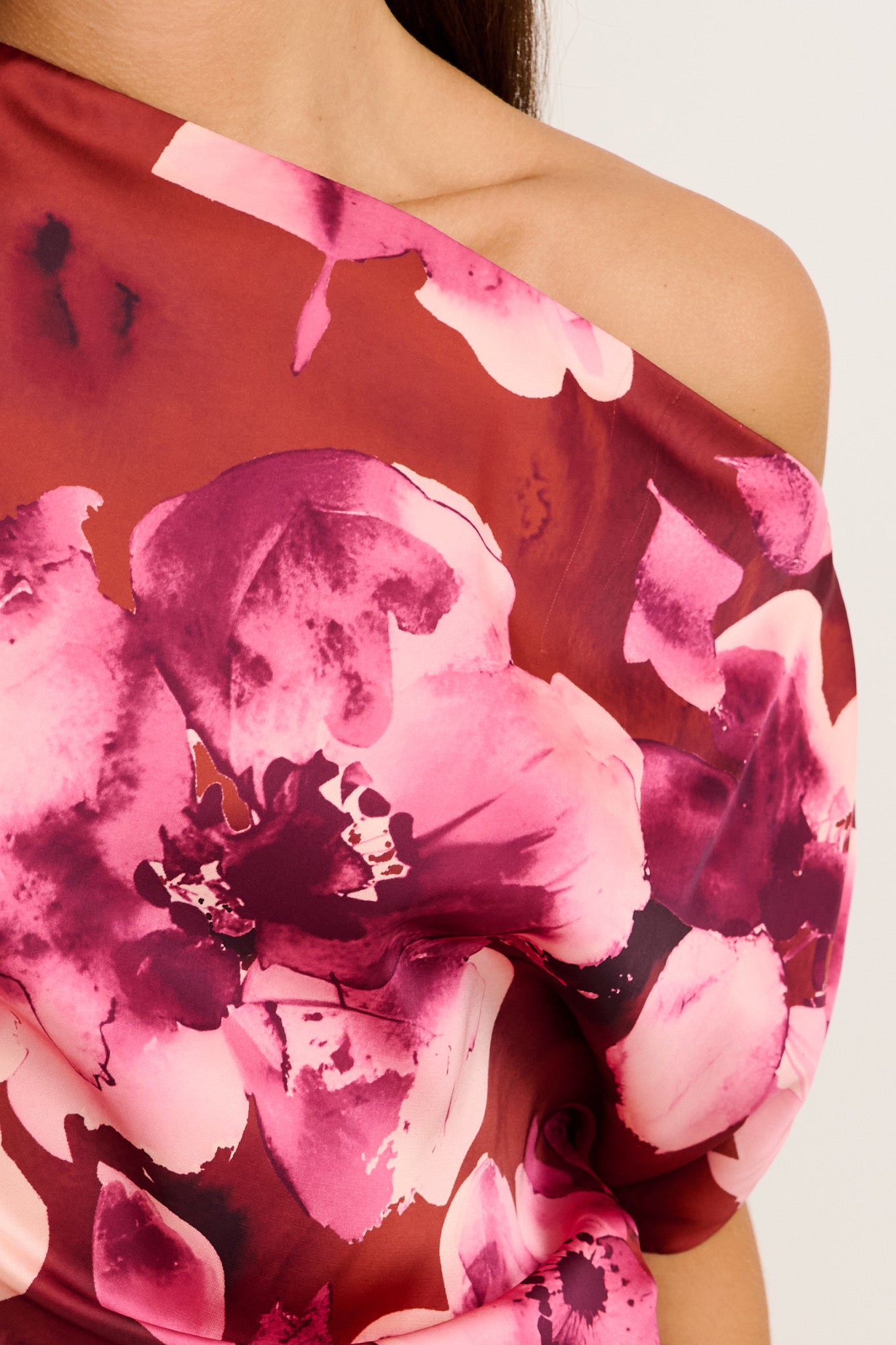 Island Aura Off Shoulder Top in Wine with Blush Floral Satin | St Frock