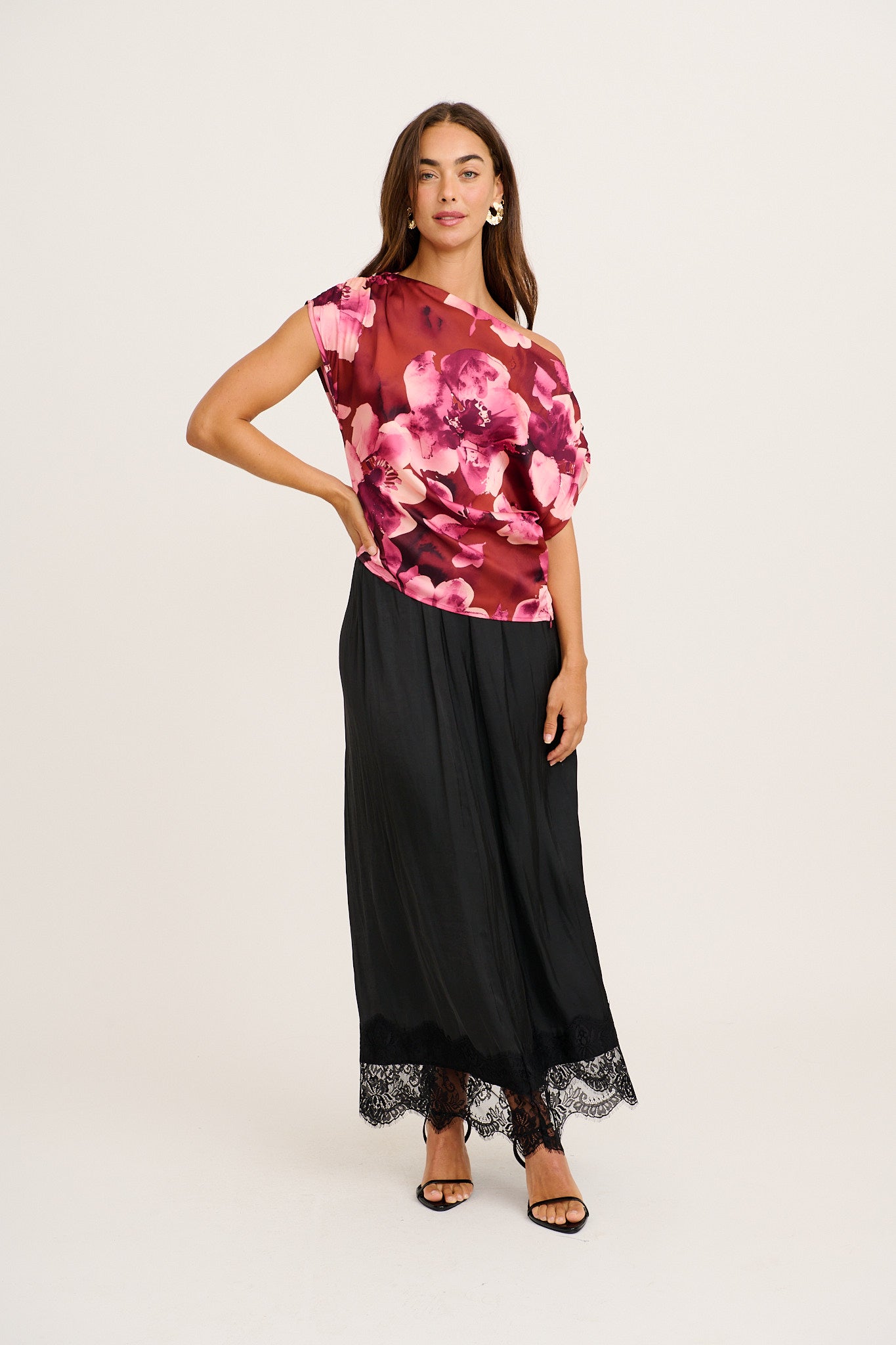 Island Aura Off Shoulder Top in Wine with Blush Floral Satin | St Frock