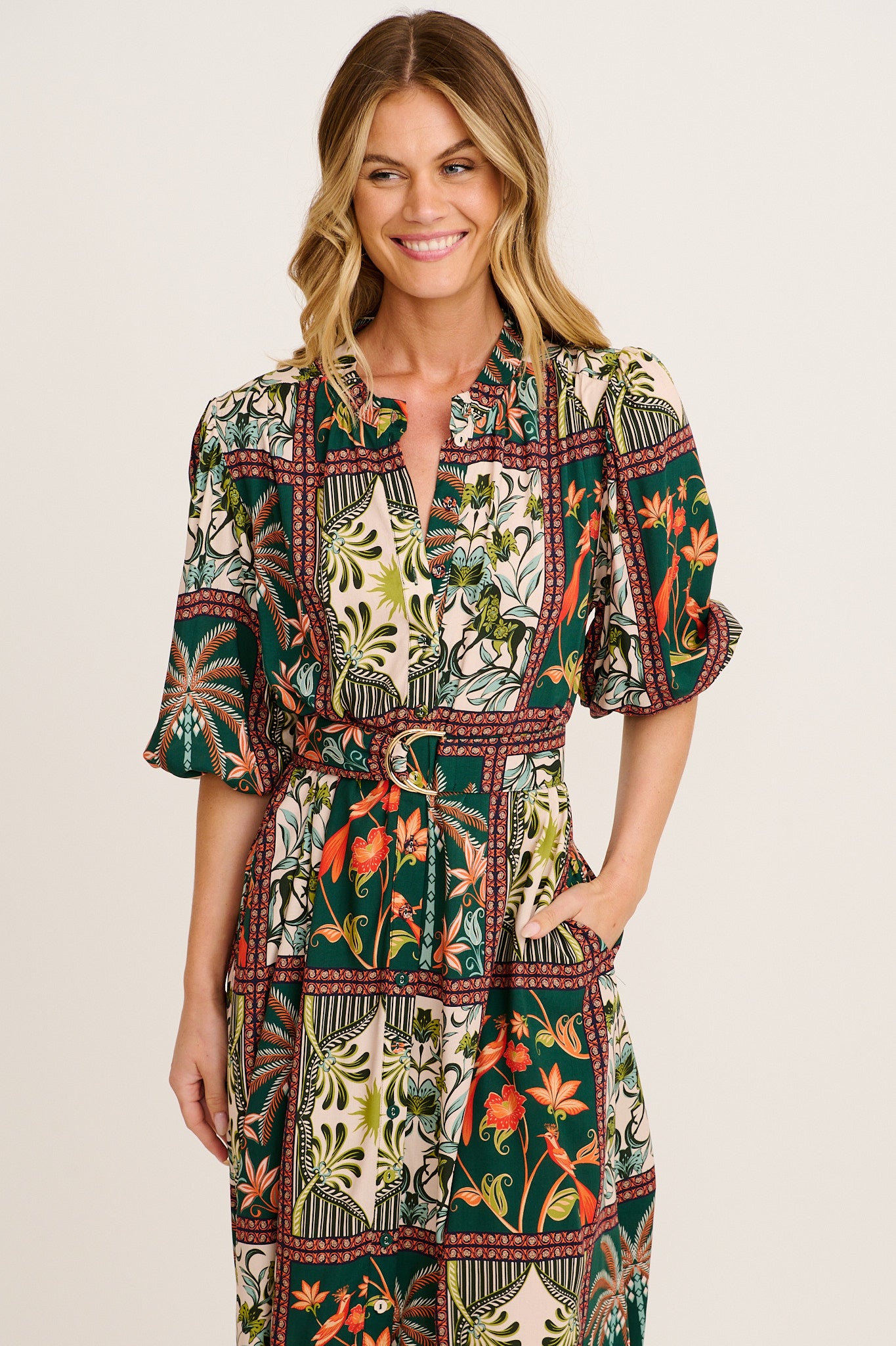 Wildflower Tiles Midi Shirt Dress in Green Tile Print | St Frock