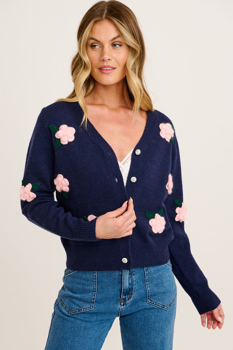 Fuzzy Feeling Knit Cardigan Navy Floral | St Frock