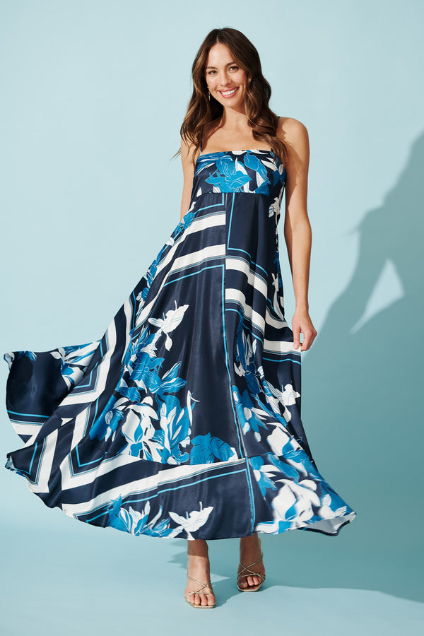 Ruthie Maxi Sundress – Navy Floral Satin | St Frock