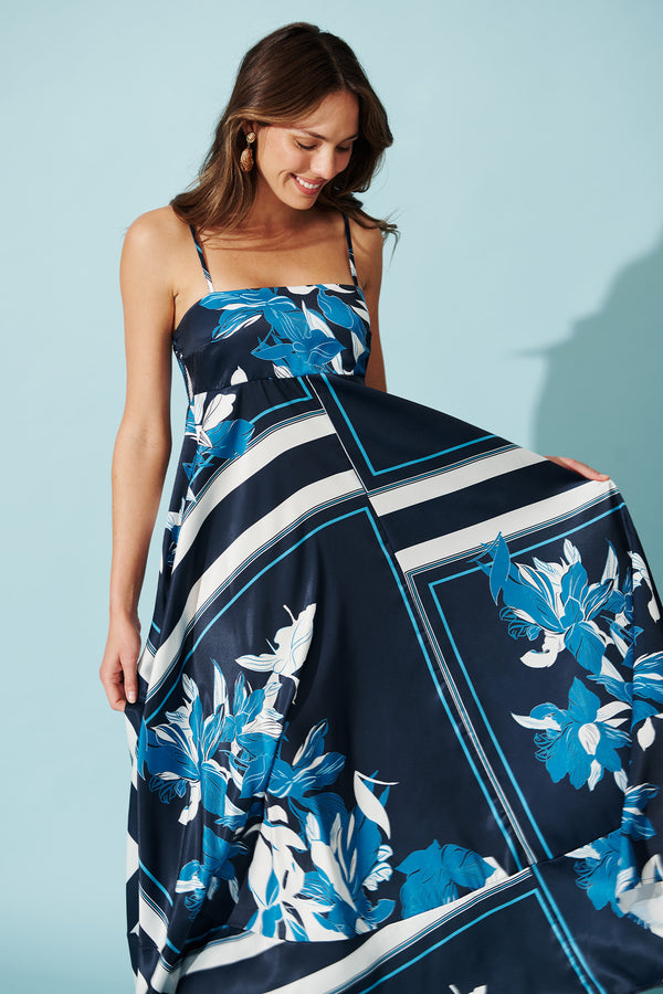 Ruthie Maxi Sundress – Navy Floral Satin | St Frock