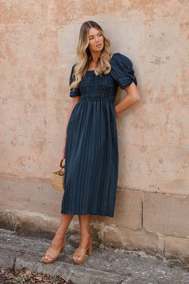 Rouse Midi Dress in Navy with White Stripe Cotton Blend | St Frock