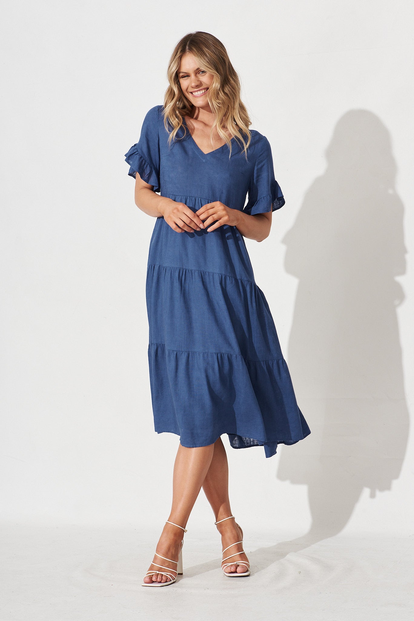 Kristen Midi Smock Dress In Blue Linen Blend – St Frock