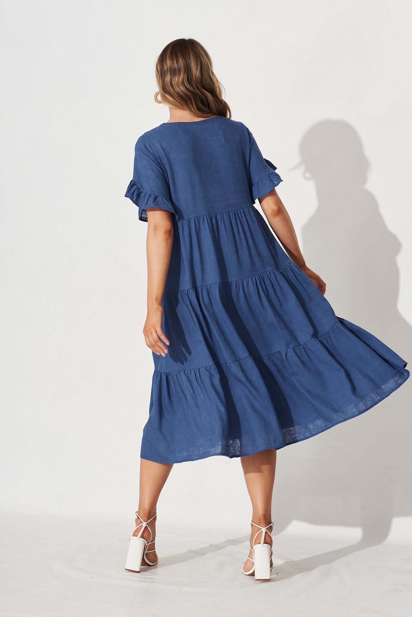 Kristen Midi Smock Dress In Blue Linen Blend – St Frock