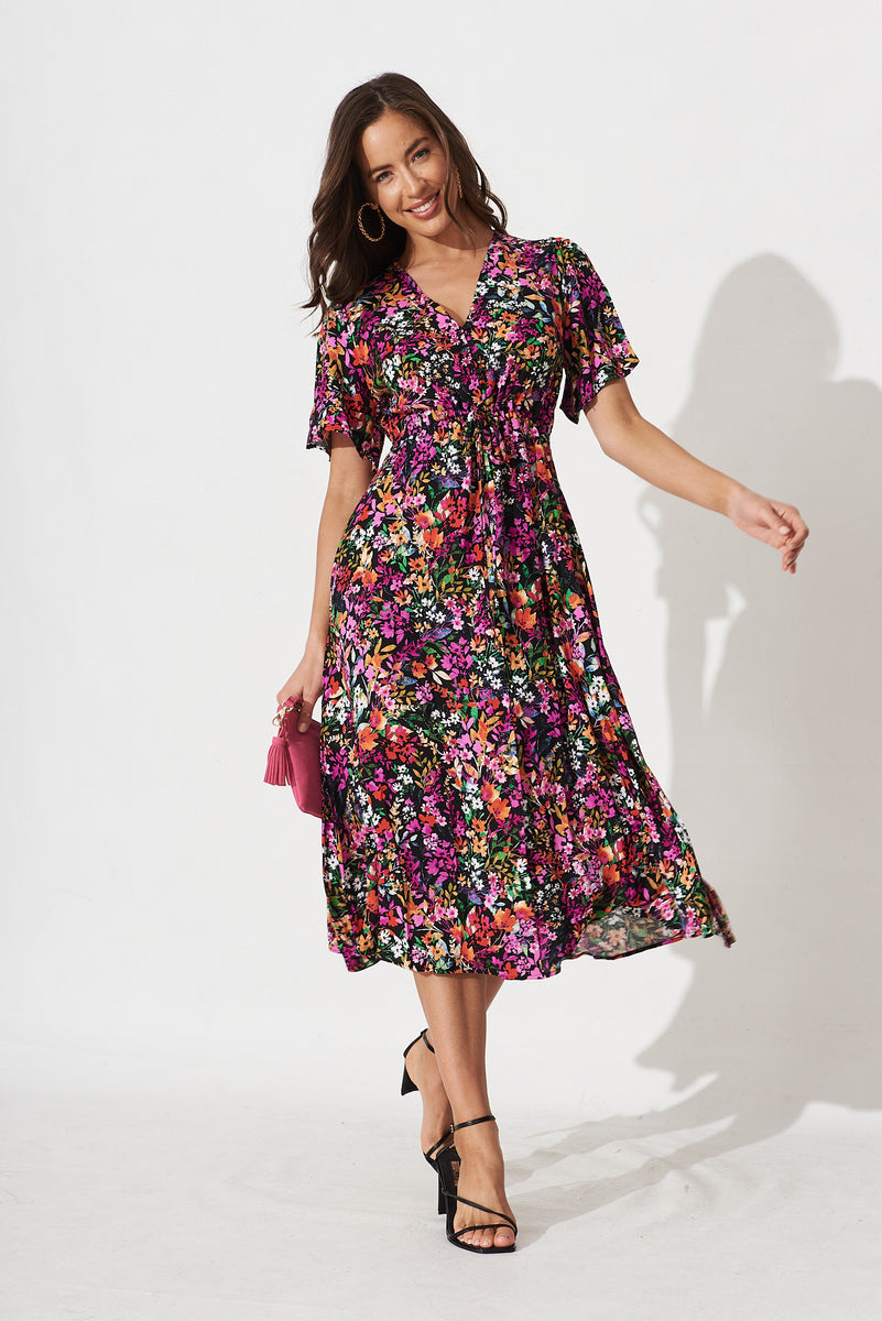 Melody Midi Dress In Black Multi Floral – St Frock