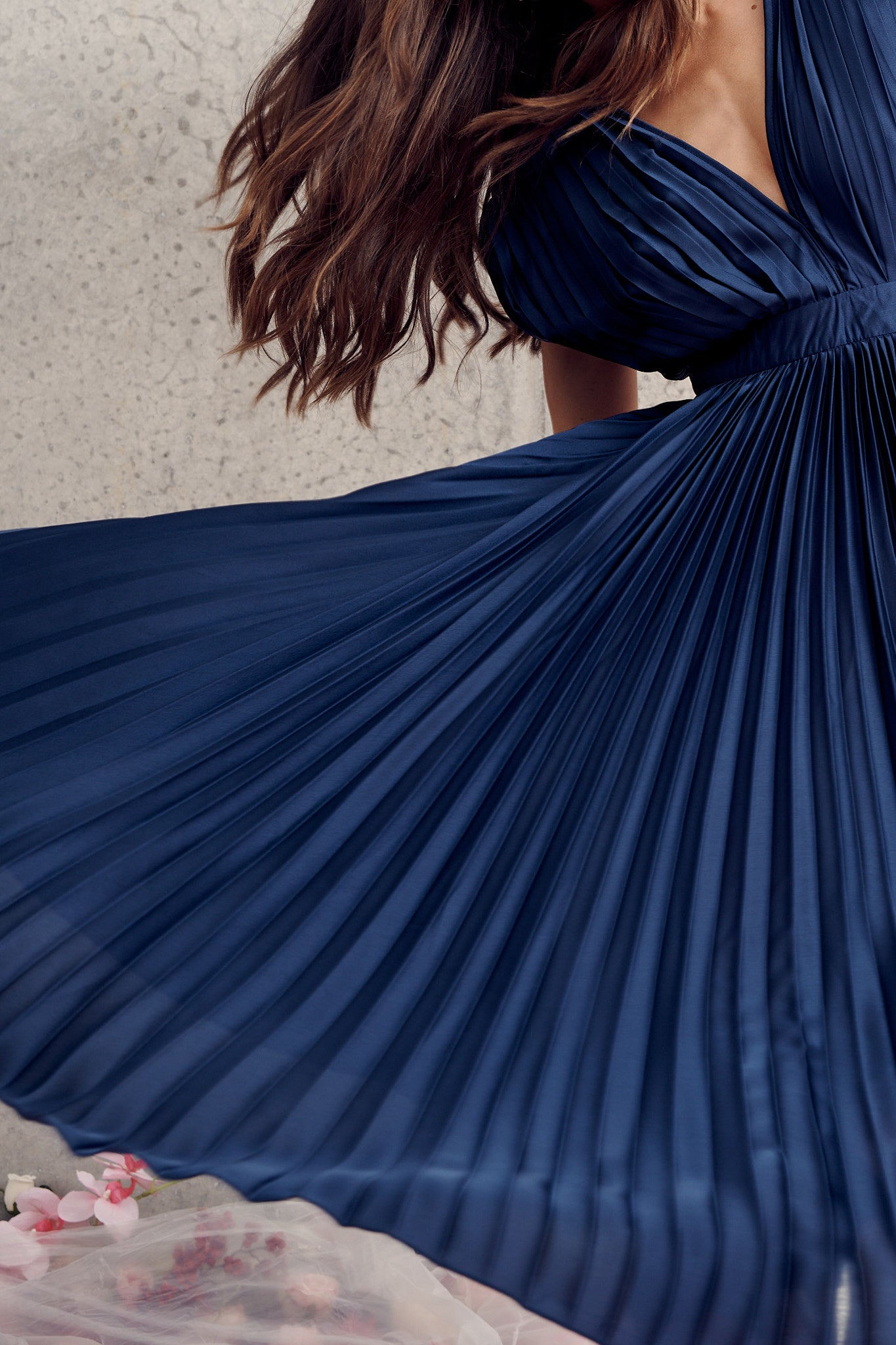 Anetta Midi Dress In Pleated Navy Satin – St Frock