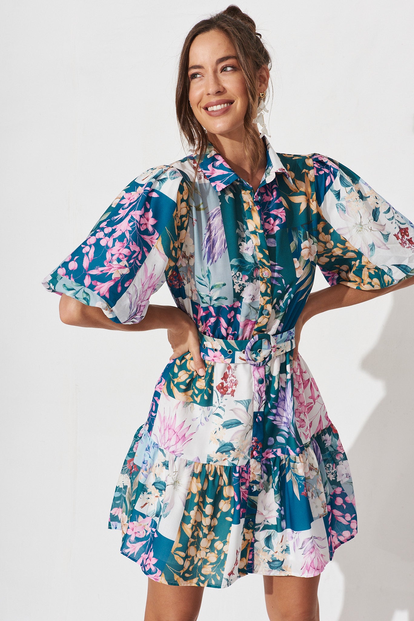 Courtney Shirt Dress In Dark Green Patch Floral – St Frock