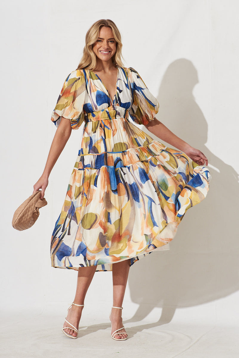 Amalie Midi Dress In White With Multi Print – St Frock