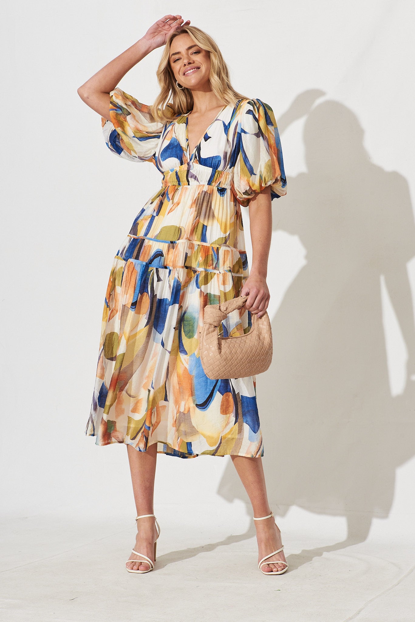 Amalie Midi Dress In White With Multi Print – St Frock