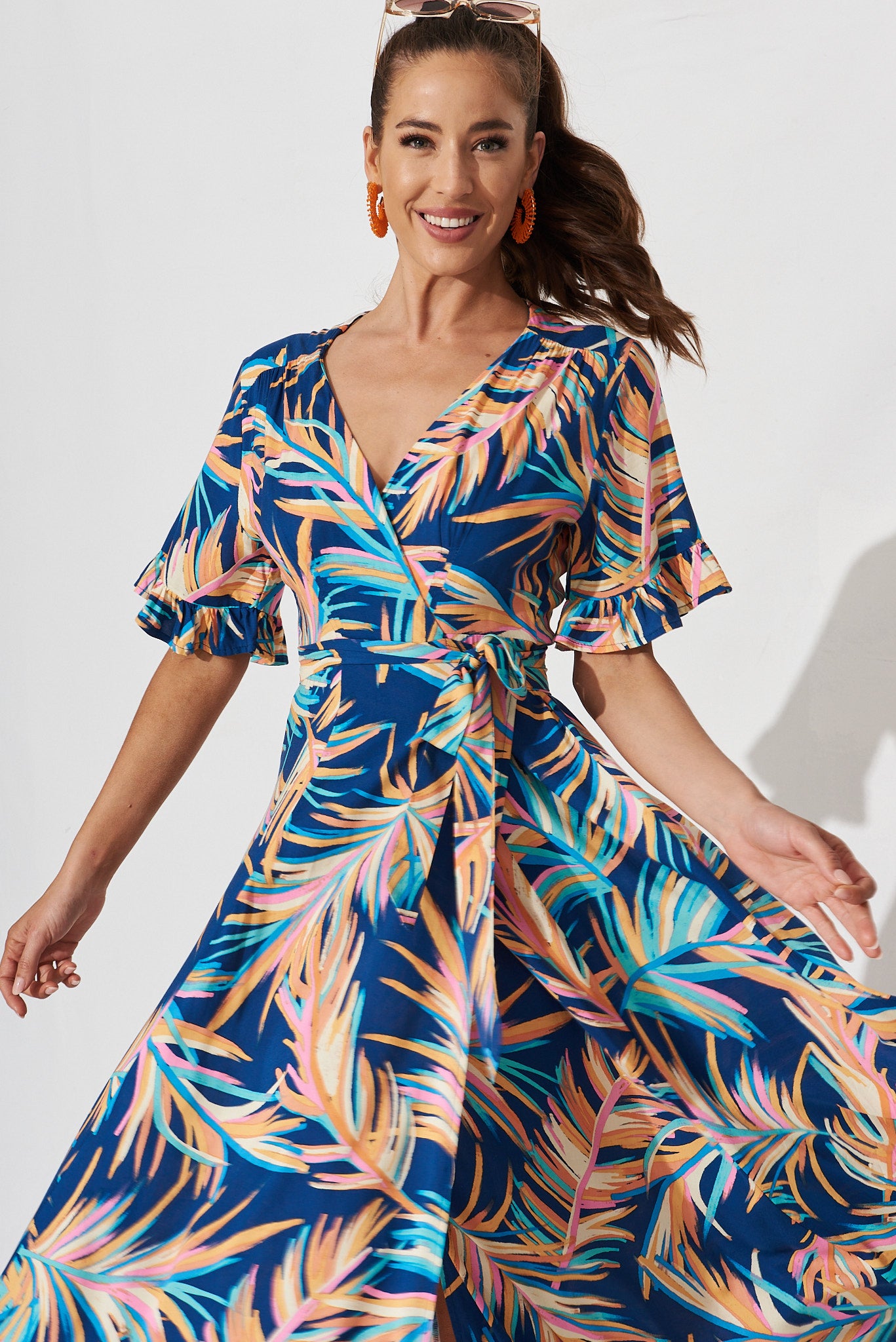 Rondal Maxi Wrap Dress In Navy With Multi Feather Print – St Frock