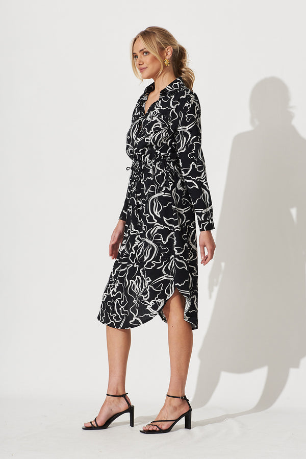 Samana Midi Dress In Black With White Swirl Print – St Frock