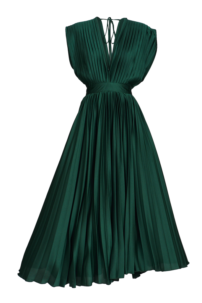 Anetta Midi Dress In Pleated Emerald Satin – St Frock
