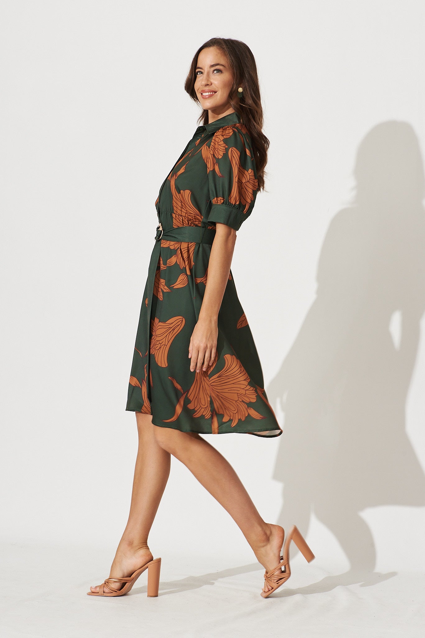 Kristel Shirt Dress In Khaki With Rust Leaf Print Satin – St Frock