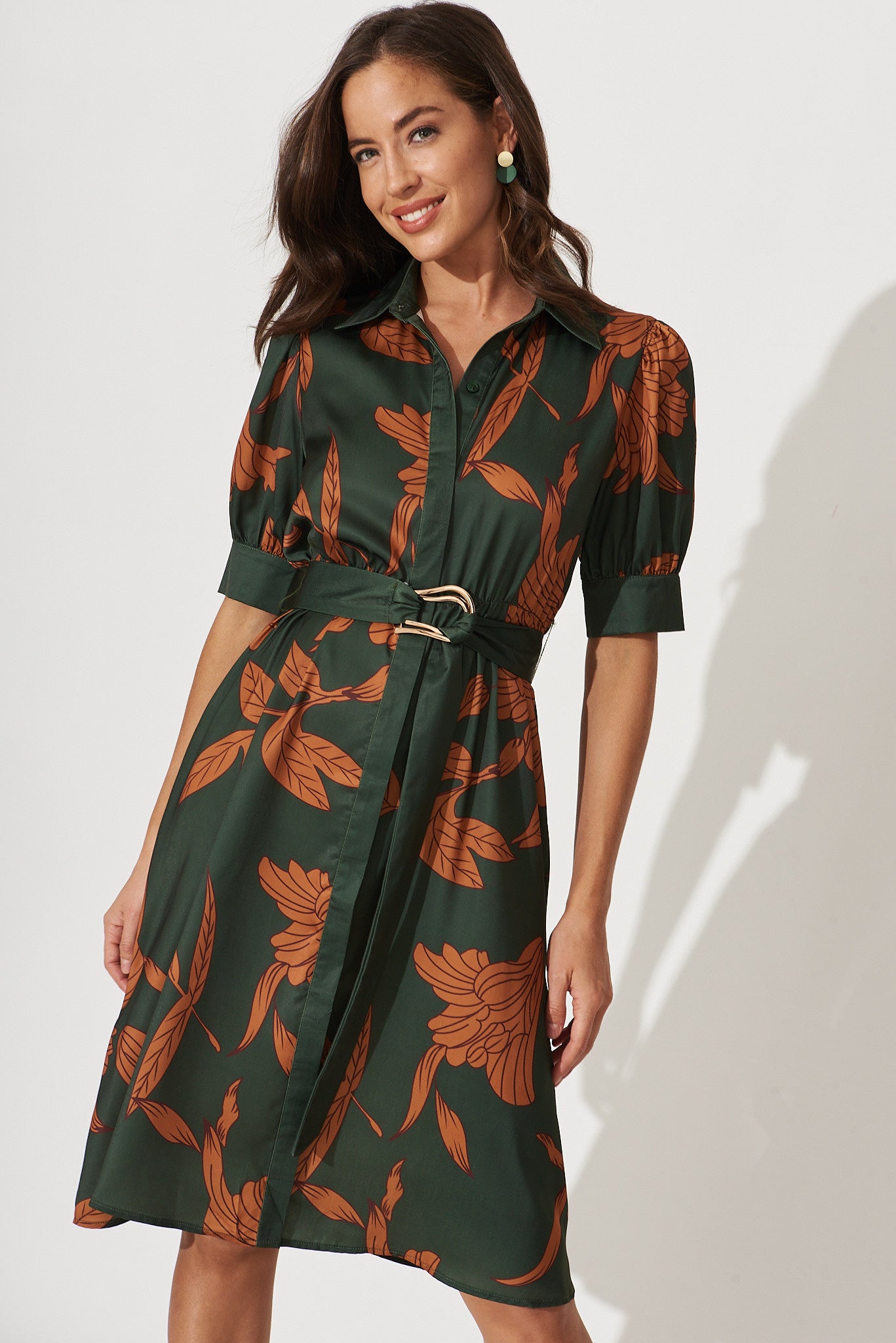 Kristel Shirt Dress In Khaki With Rust Leaf Print Satin – St Frock